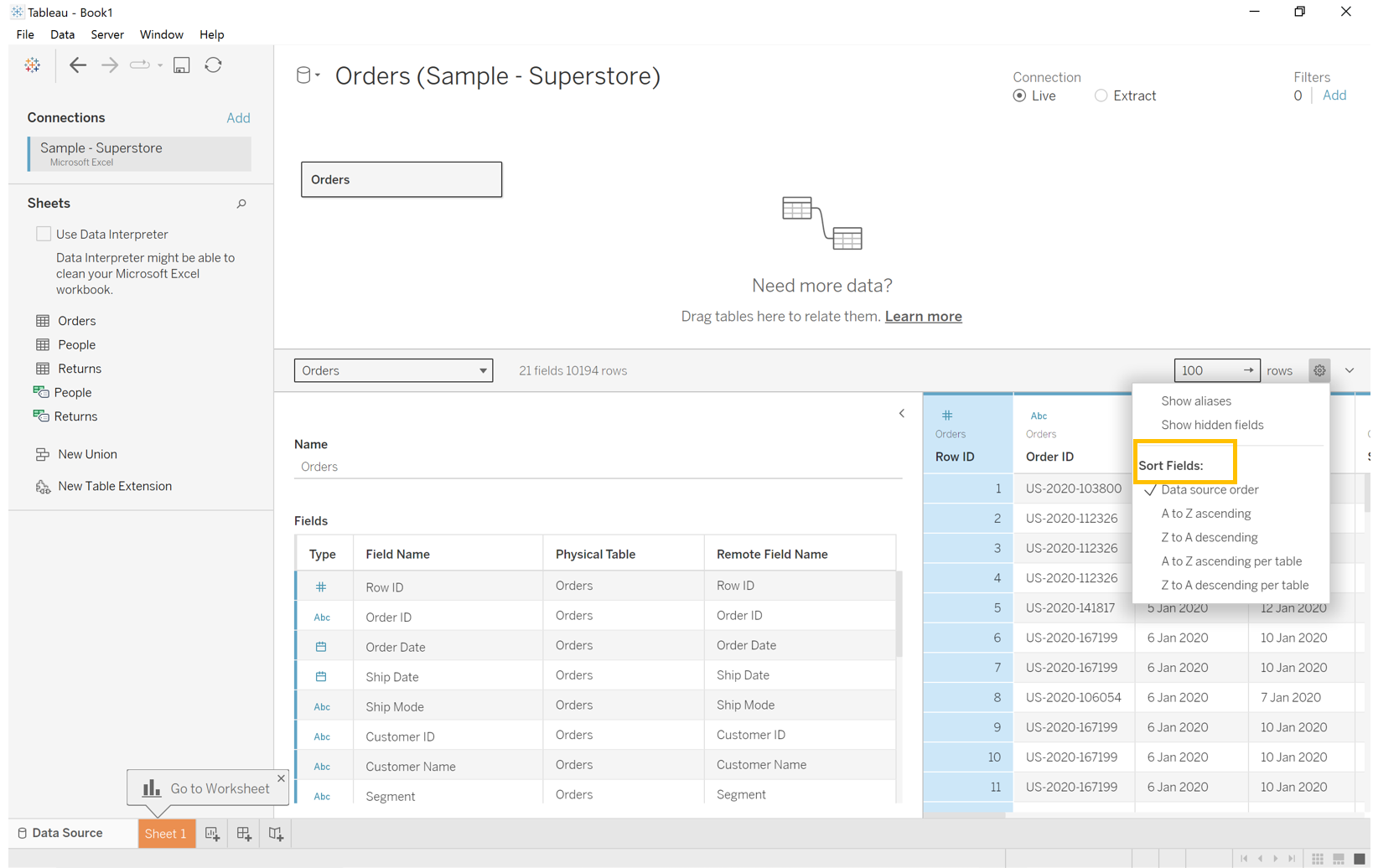 Tableau Fundamentals Beginner Level → Lesson 2.4: Data Source Tab in ...